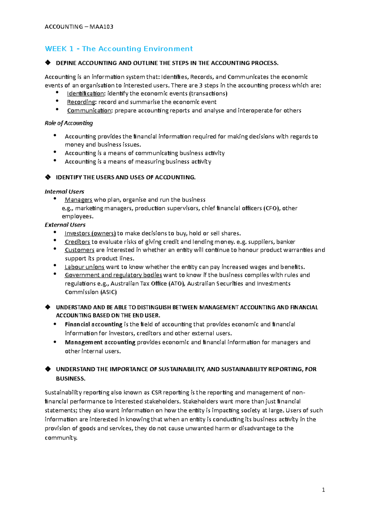 Accounting Notes 1 - ACCOUNTING – MAA103 WEEK 1 - The Accounting ...