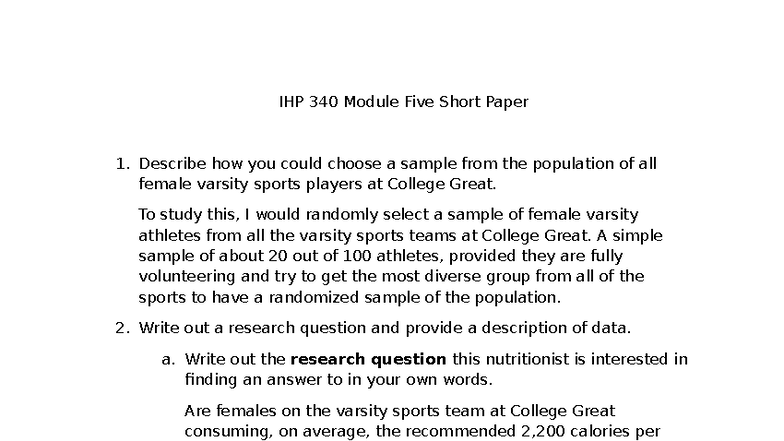 IHP 340 Module 5 Short Paper: Sampling Female Varsity Athletes - Studocu