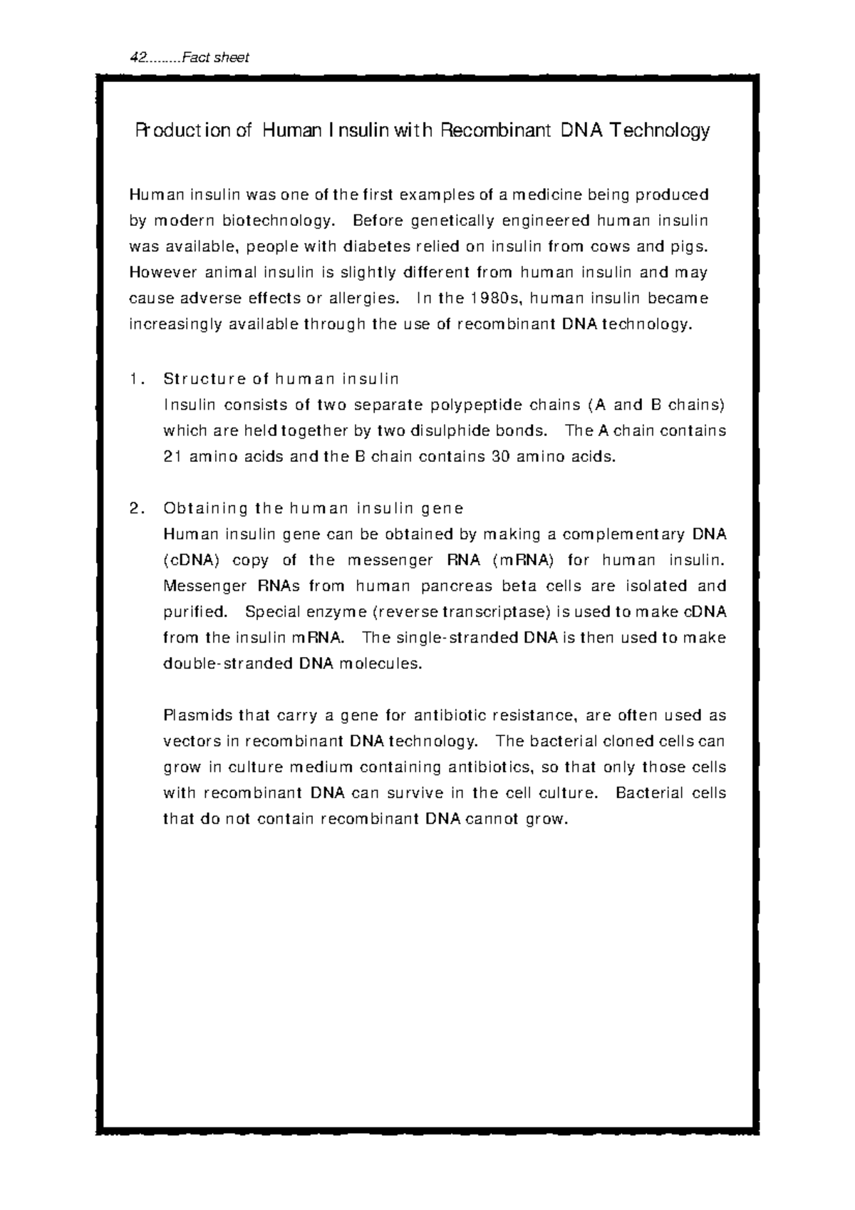 Human Insulin Production via Recombinant DNA Technology - Fact Sheet ...