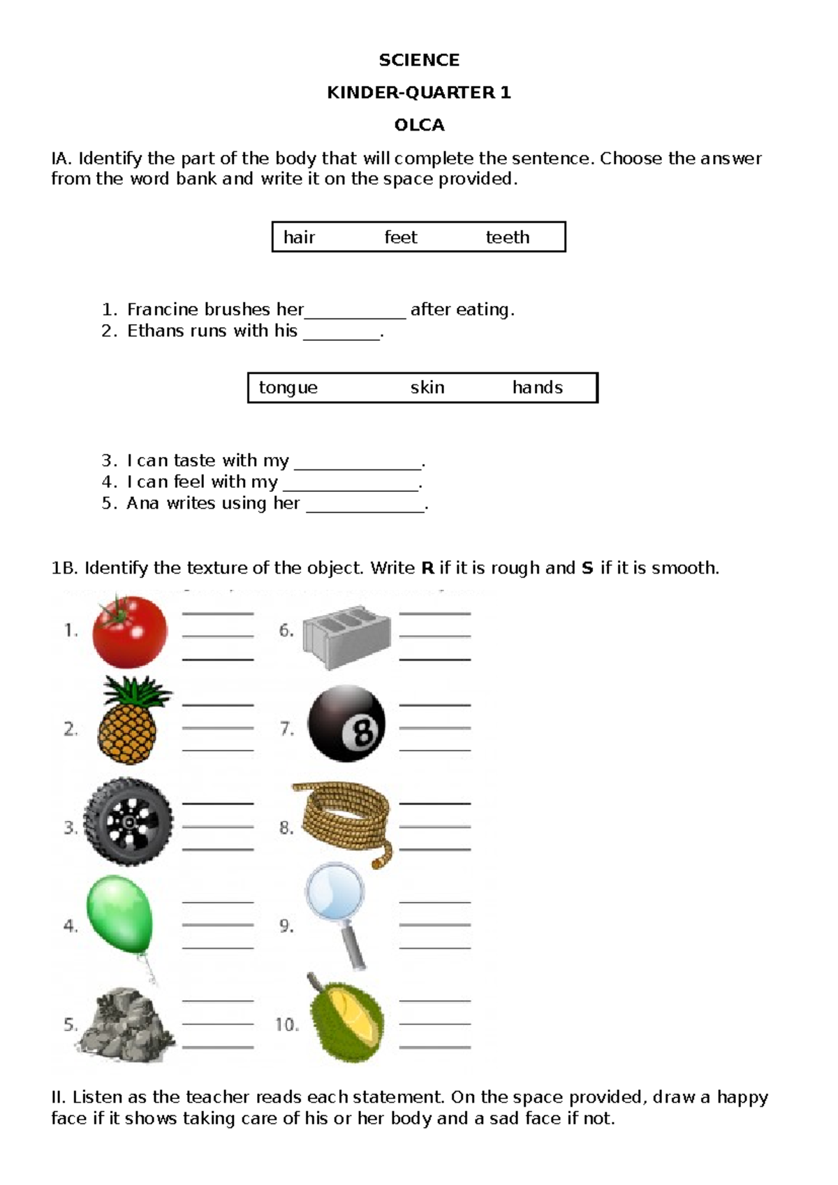 Science Kinder PT Q1 2025: Body Parts & Care Activities - Studocu