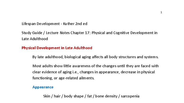 LD 1 Lifespan Development Kuther 2nd Ed Study Guide: Late Adulthood ...