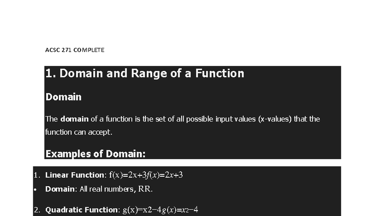 ACSC 271 Complete Study Notes: Functions, Limits, and Integration - Studocu