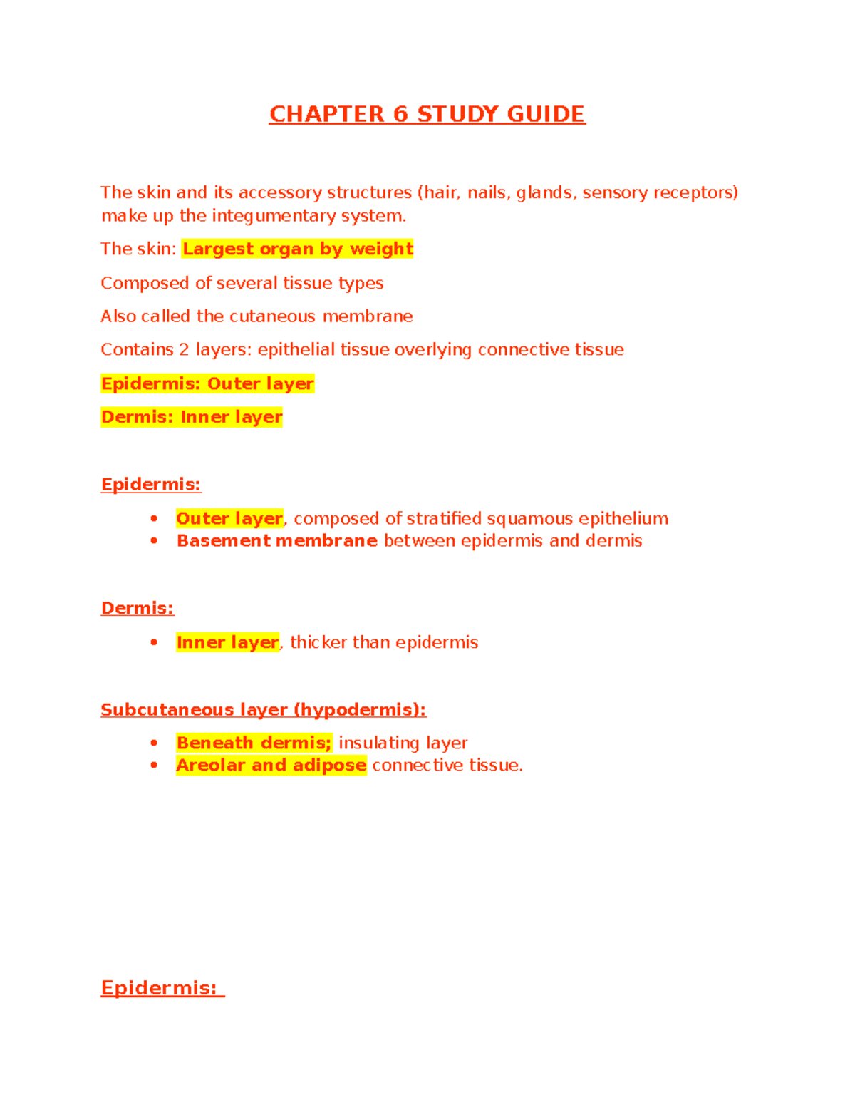 Chapter 6 Study Guide - CHAPTER 6 STUDY GUIDE The skin and its ...