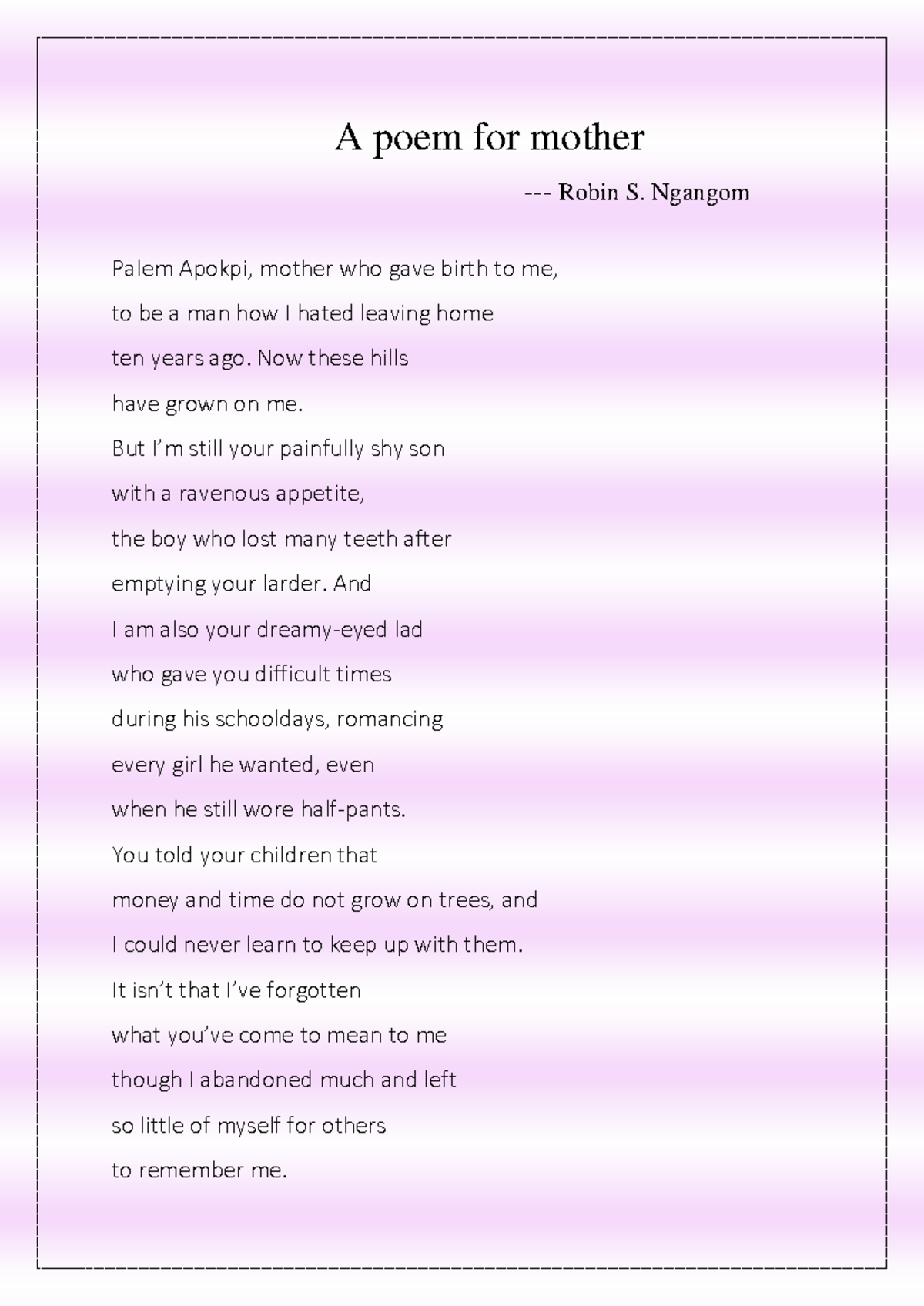 A Poem for Mother: A Heartfelt Tribute by Robin S. Ngangom - Studocu
