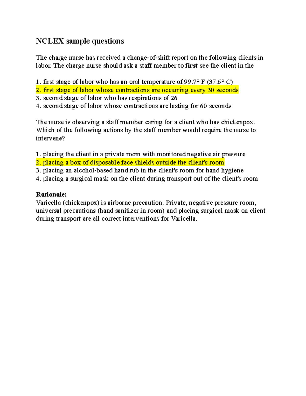 NCLEX Review: Sample Questions for Nursing Practice - Studocu