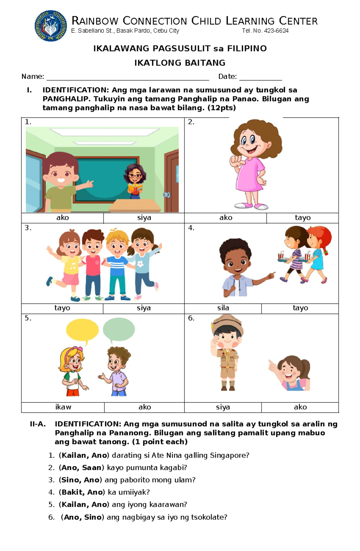 2ND PT IN FILIPINO G3 - Identification Test on Panghalip - Studocu