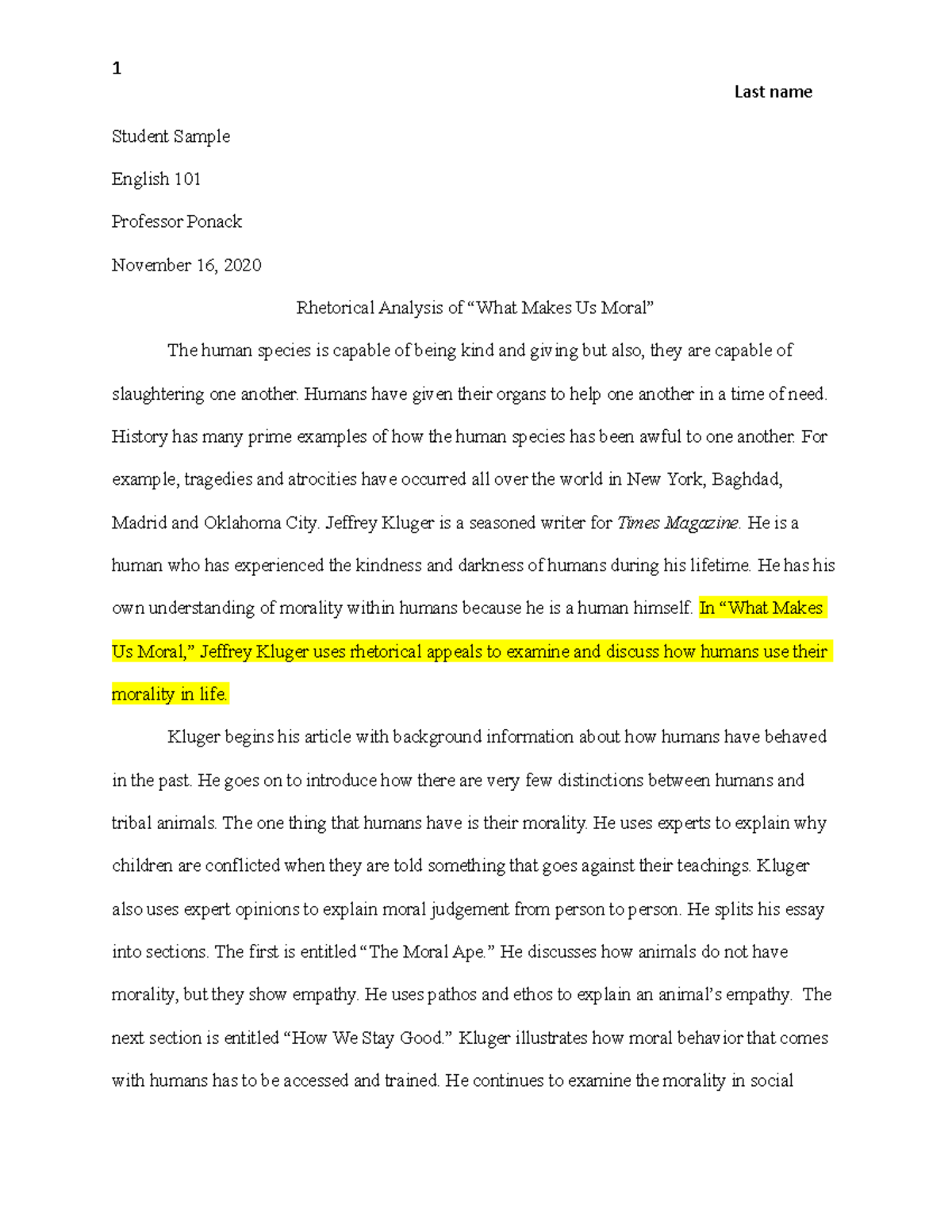 English 101 Essay: Rhetorical Analysis of "What Makes Us Moral" - Studocu