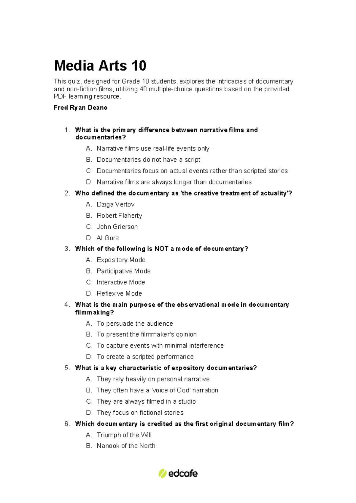 Media Arts 10 - English - Media Arts 10 This quiz, designed for Grade ...