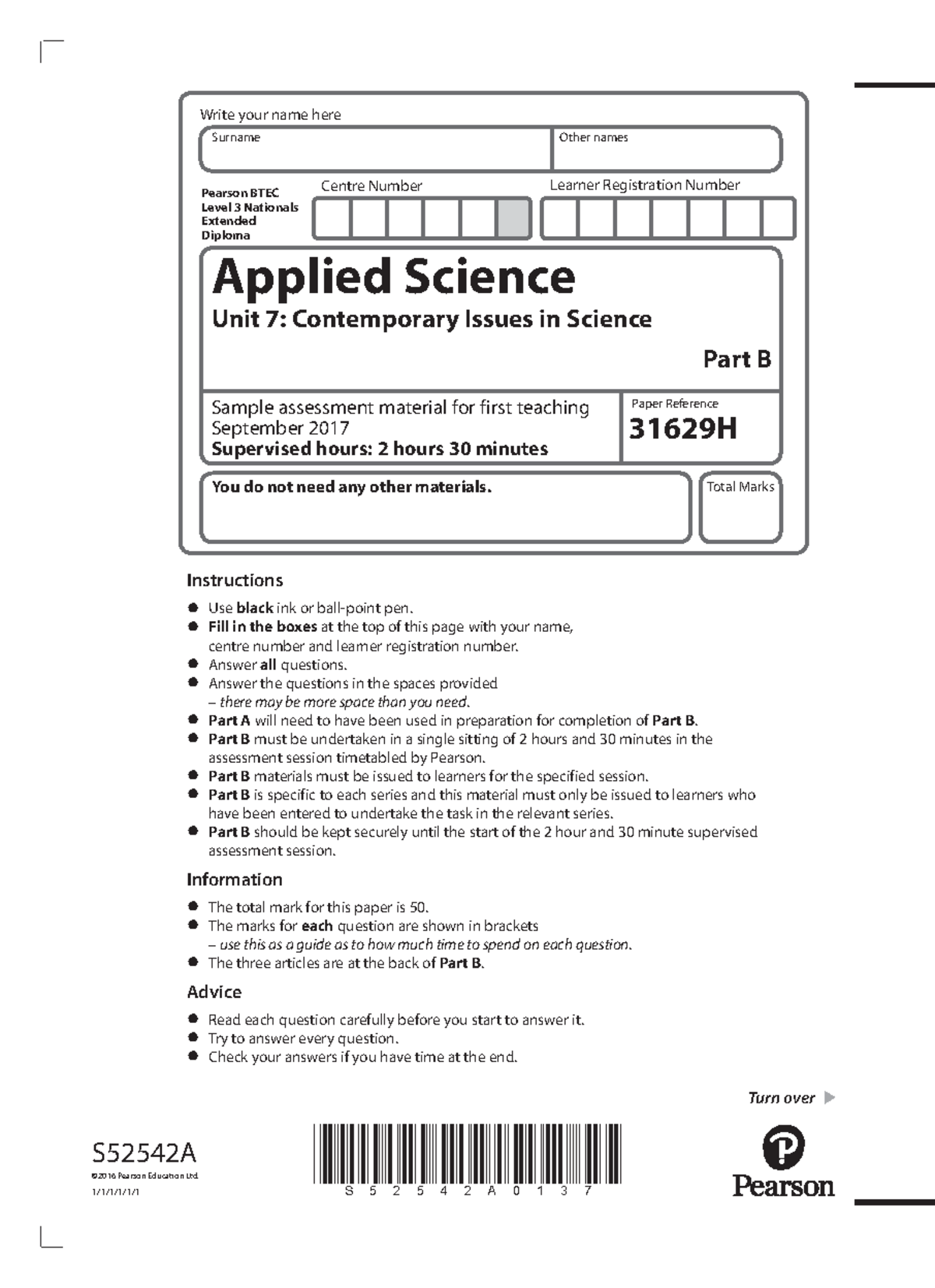 BTEC L3 Applied Science 31629 H Unit 7 Part B Sample Exam Paper - Studocu