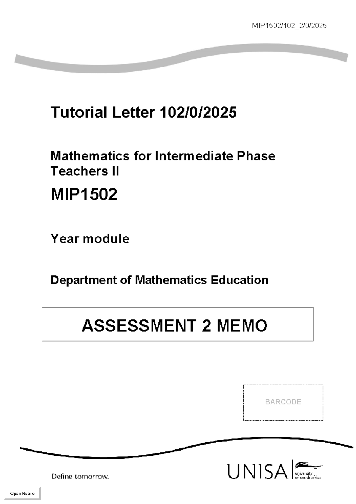 MIP1502 Assessment 2 Memo: Mathematics for Intermediate Phase Teachers - Studocu