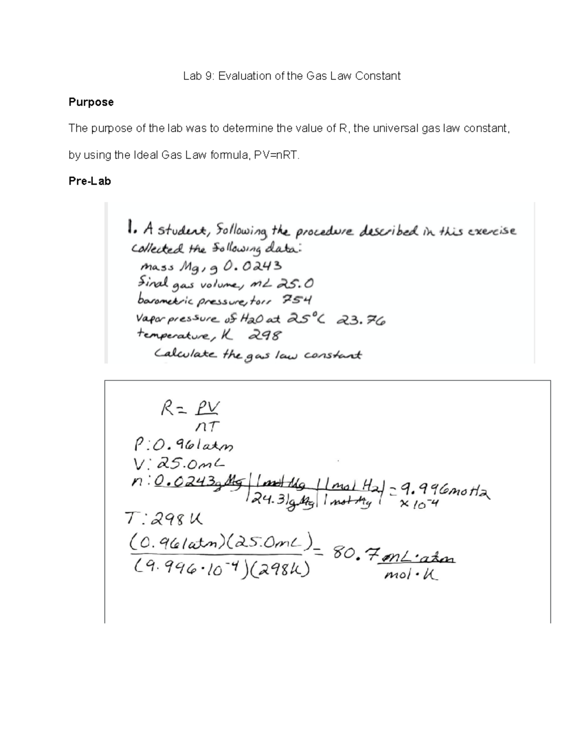 Lab 9: Determining the Universal Gas Constant (R) Using Ideal Gas Law ...