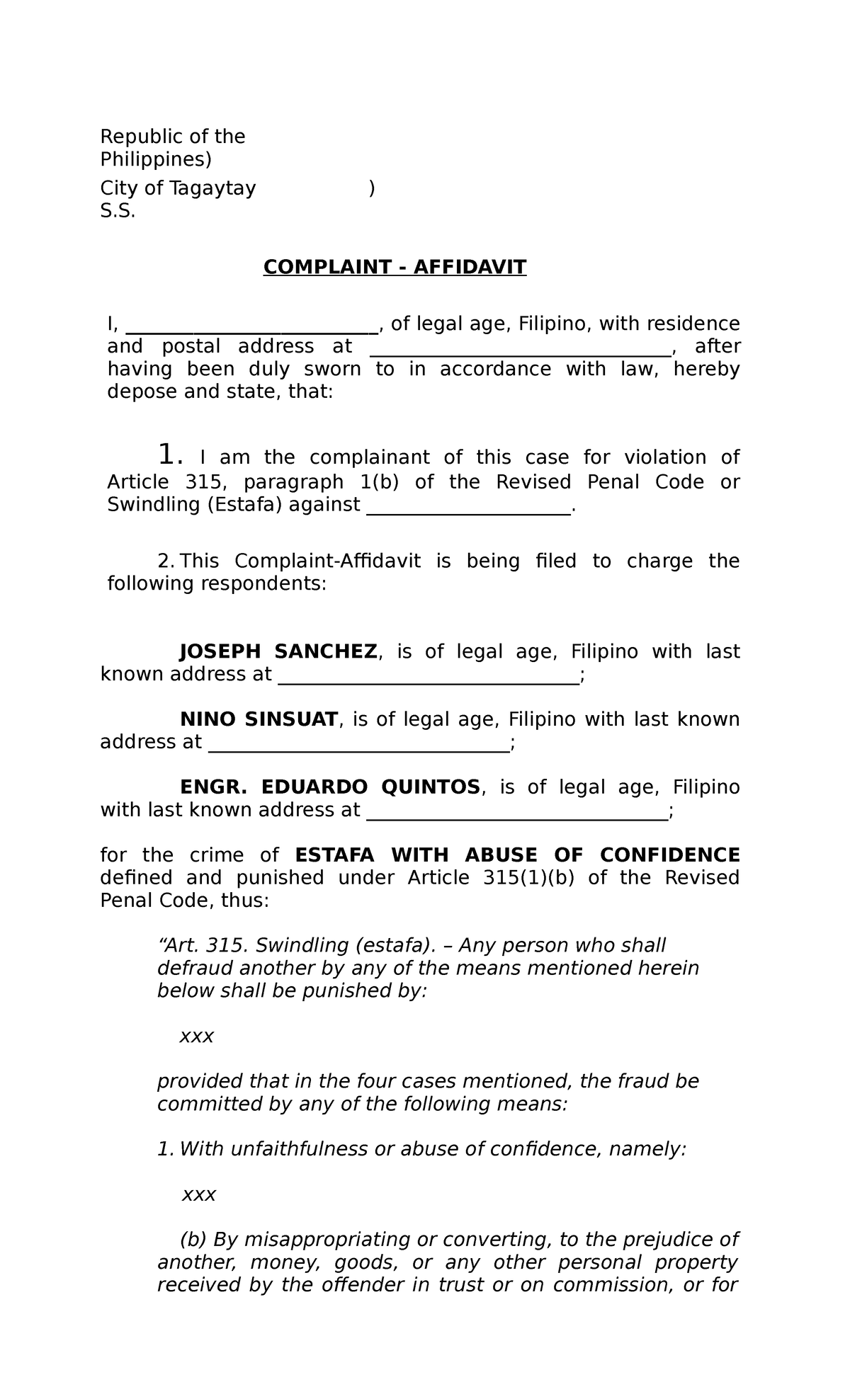Complaint-Affidavit for Estafa Case in Tagaytay, Philippines - Studocu