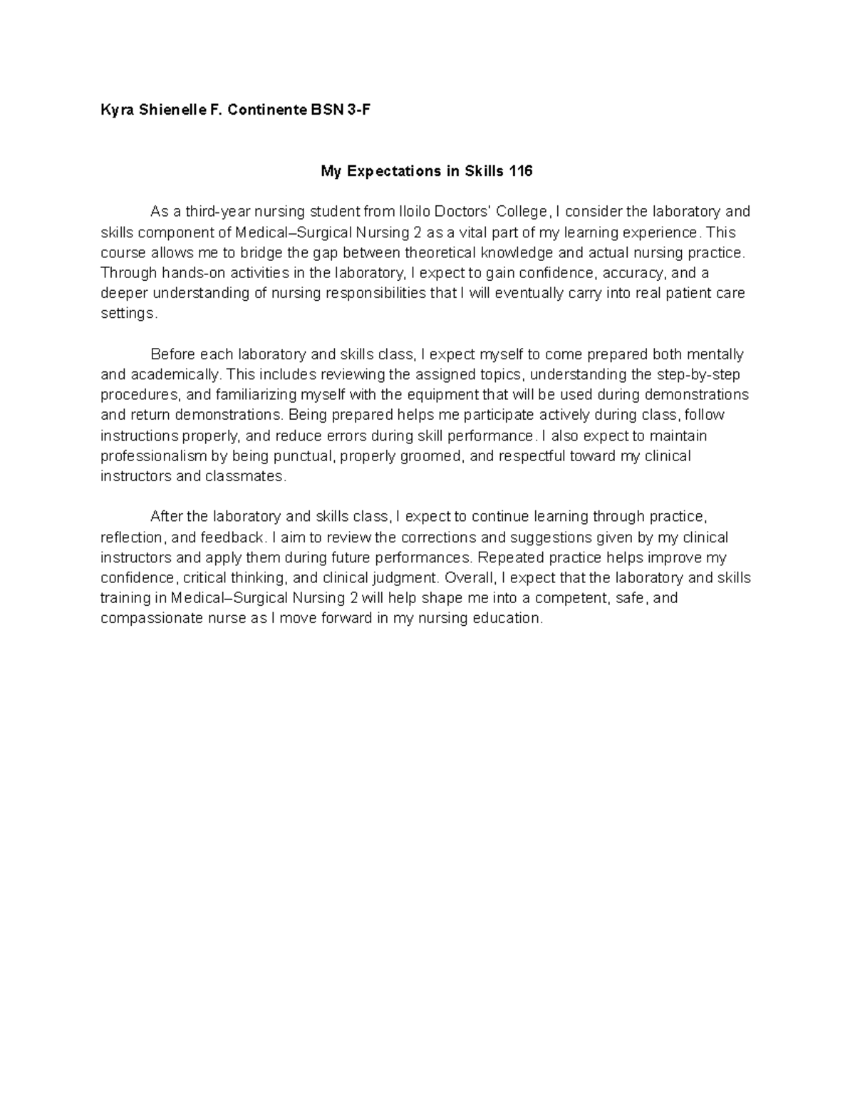 My Expectations in Skills 116: A Nursing Student's Perspective - Studocu