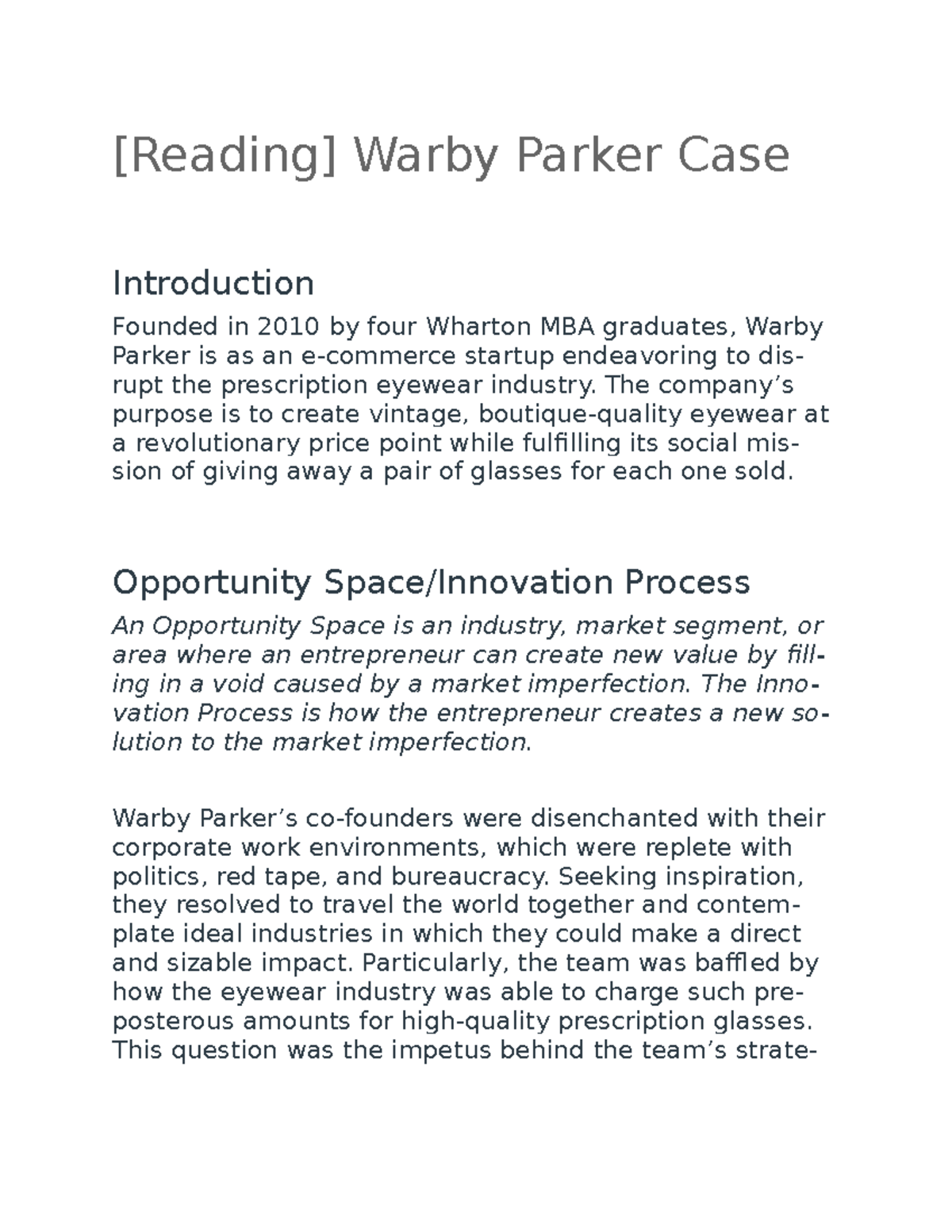 Warby Parker Case - CASE STUDY - War Parker Case Introduction Founded ...