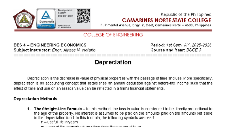 BES 4 Engineering Economics Lecture Notes: Weeks 17-18 - Studocu