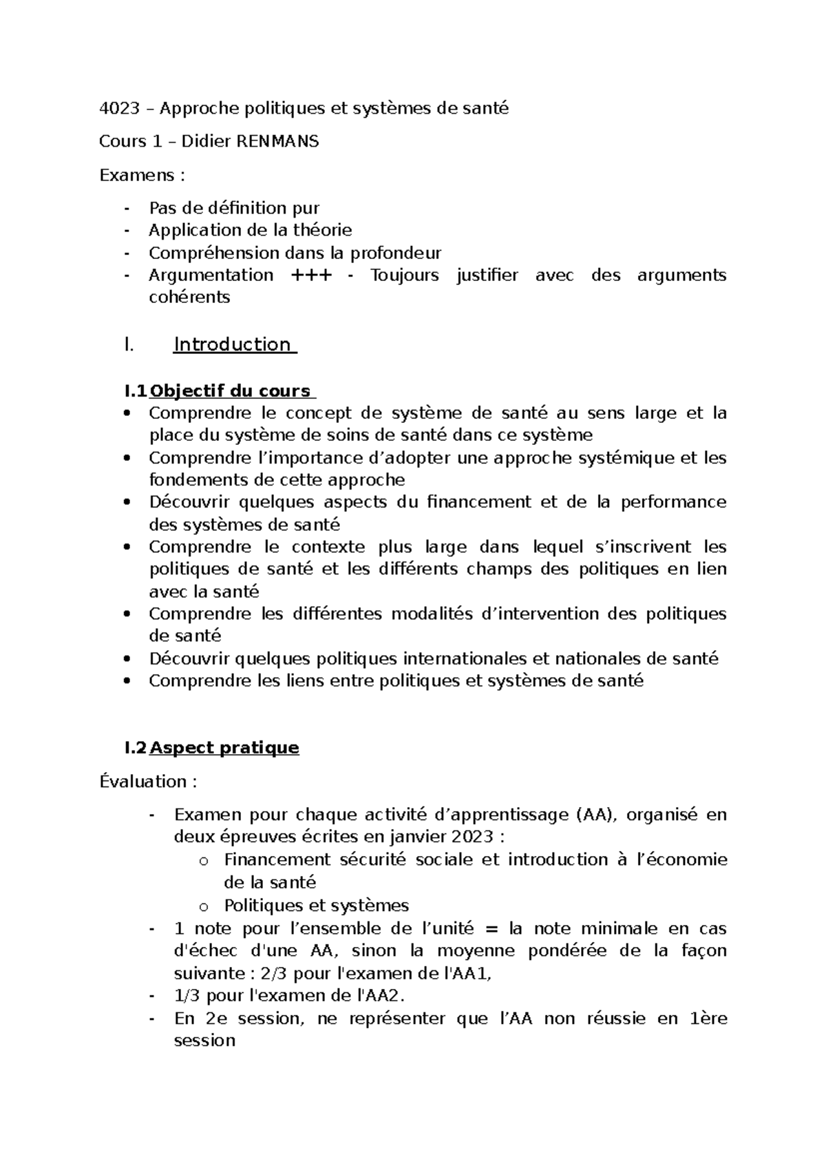 Résumé cours Renmans - 4023 – Approche politiques et systèmes de santé ...