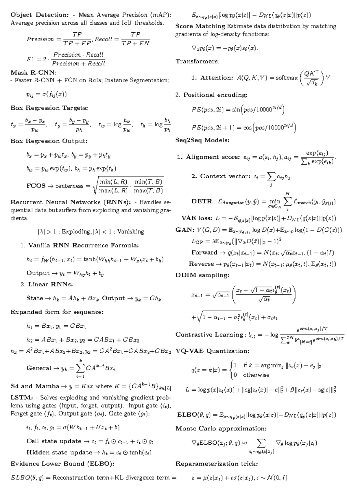 444 Cheat Sheet final - Object Detection: - Mean Average Precision (mAP ...