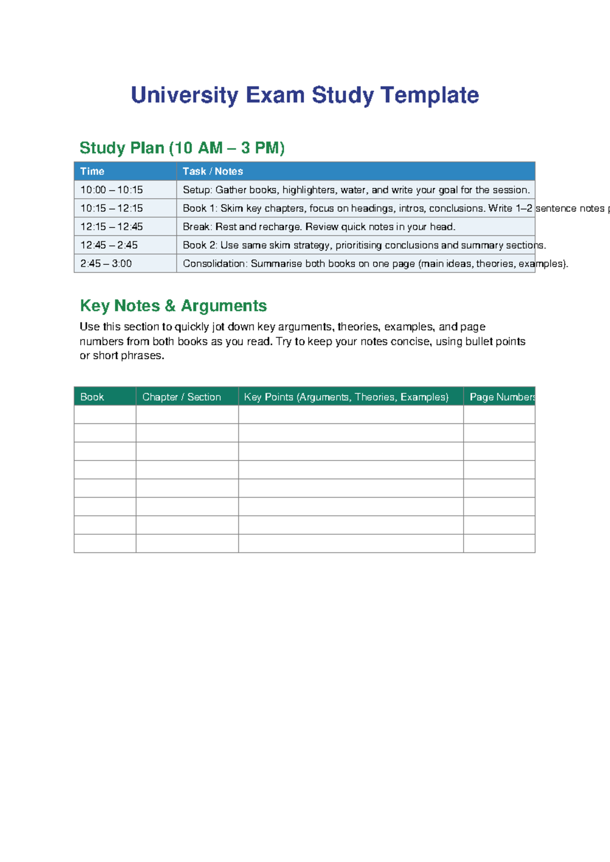 University Exam Study Template: Effective Study Plan - Studocu