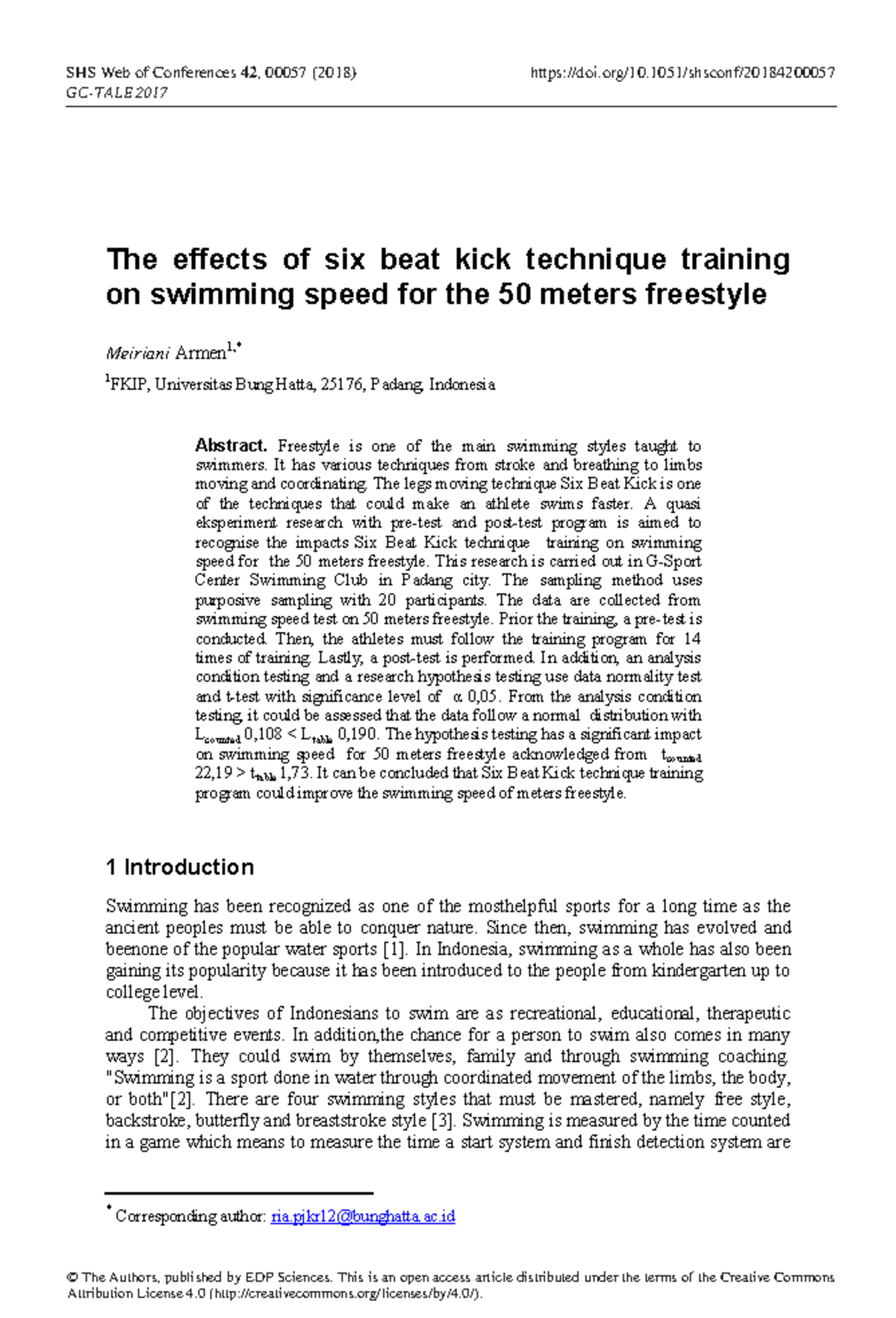 The Effects of Six Beat Kick Training on 50m Freestyle Speed (SHS 42 ...