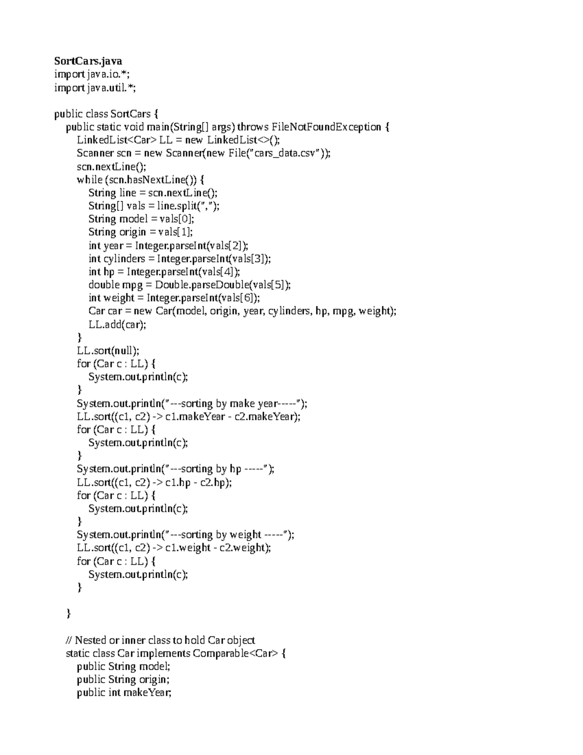 Java Code Implementation for Sorting Car Data in SortCars.java - Studocu