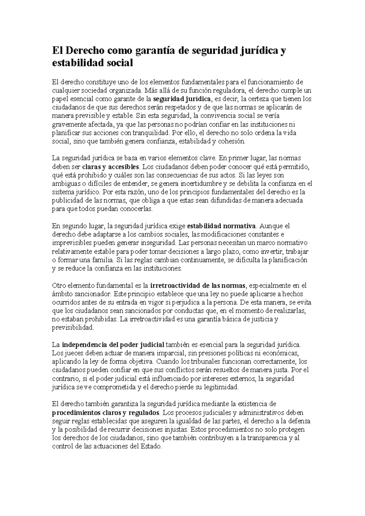 El Derecho como Garantía de Seguridad Jurídica y Estabilidad Social ...