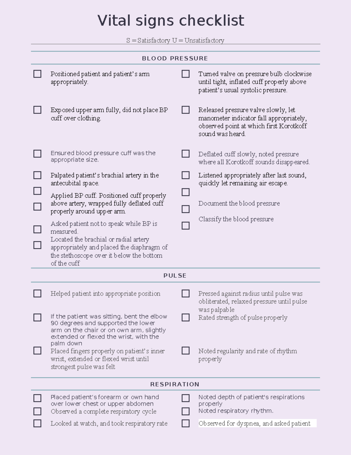 Vitals checklist - Nursing vital signs check list. - Vital signs ...