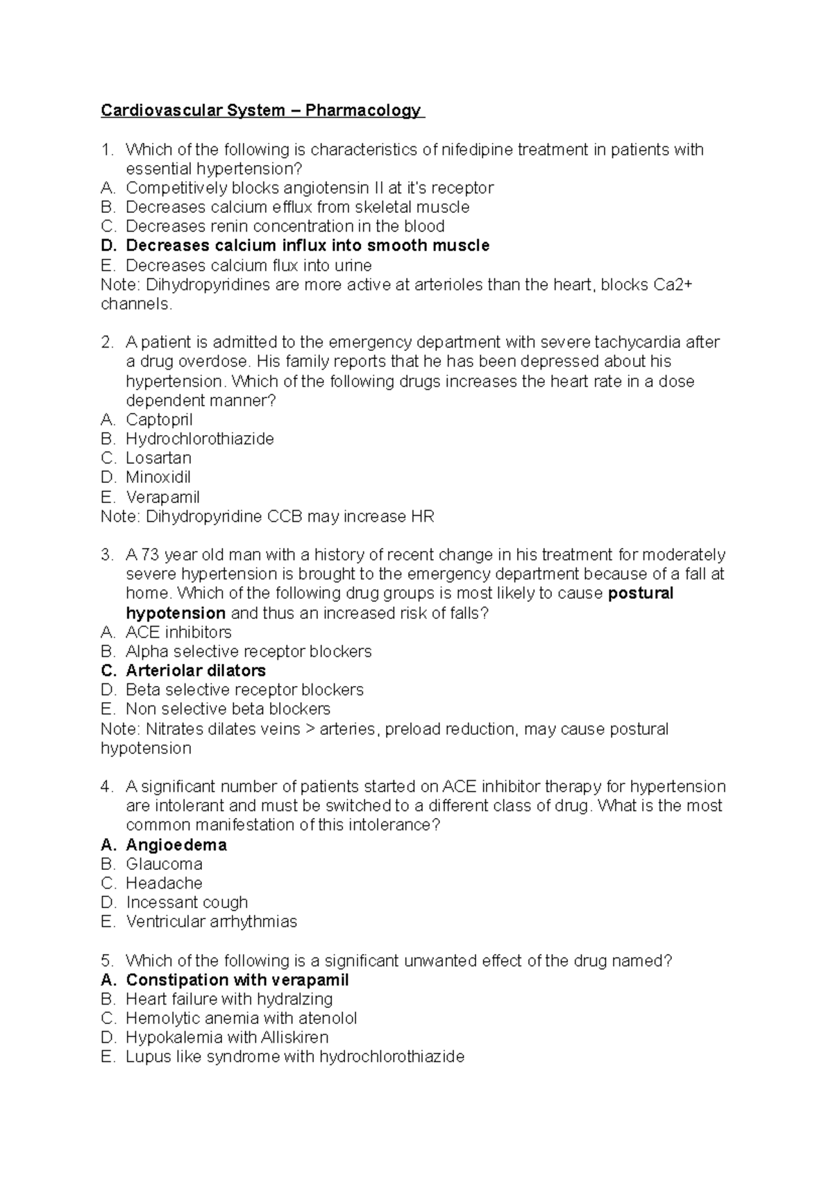 Cardiovascular Pharmacology MCQ Practice Questions for Exam Prep - Studocu