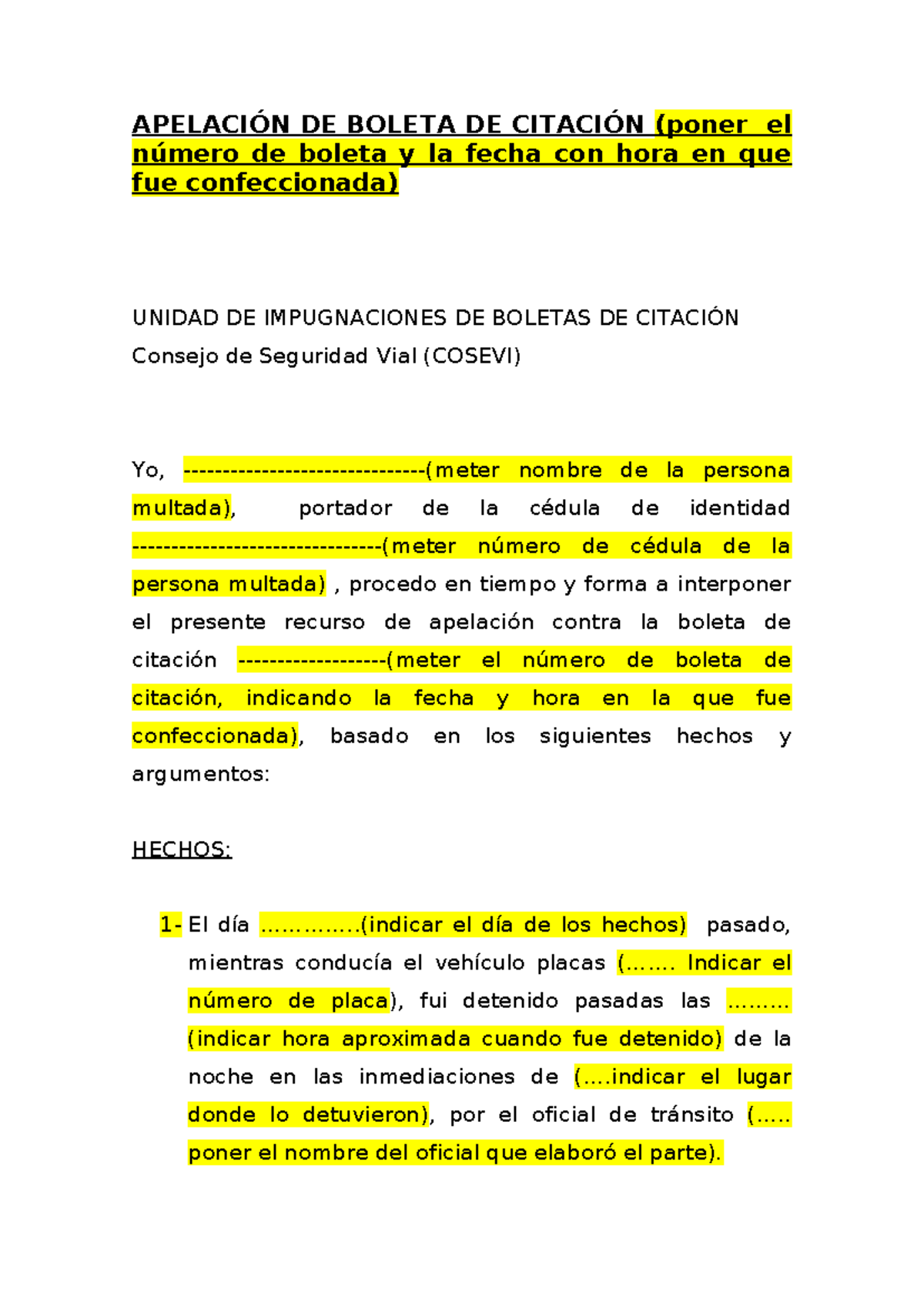 Ejemplo de Machote de Apelación a COSEVI en Costa Rica - Studocu