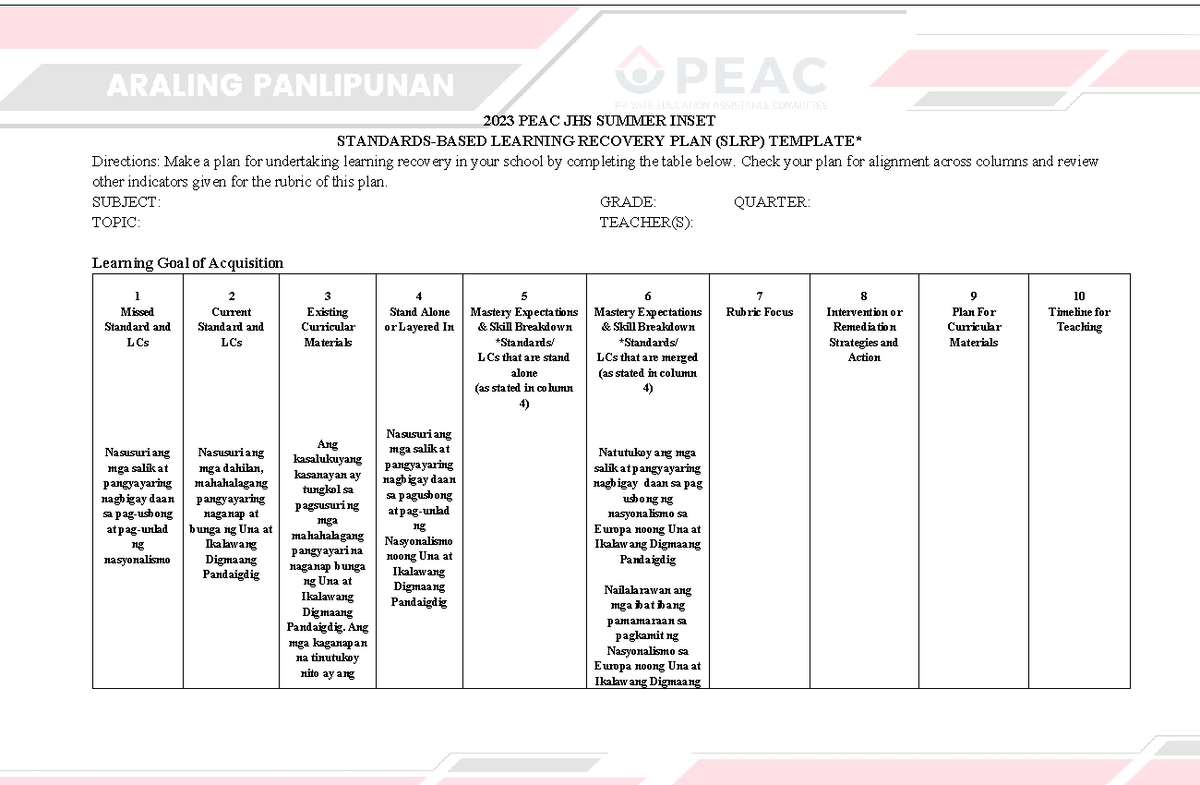 SLRP Template FOR Acquisition - 2023 PEAC JHS SUMMER INSET STANDARDS ...
