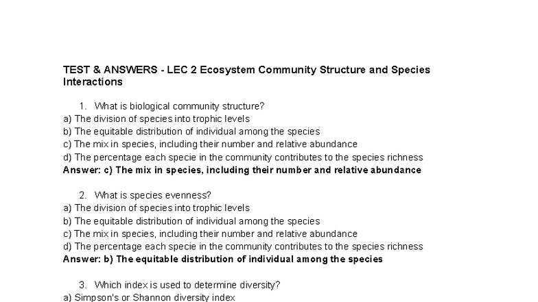 TEST & Answer KEY LEC 2 - Ecosystem Community Structure & Species ...