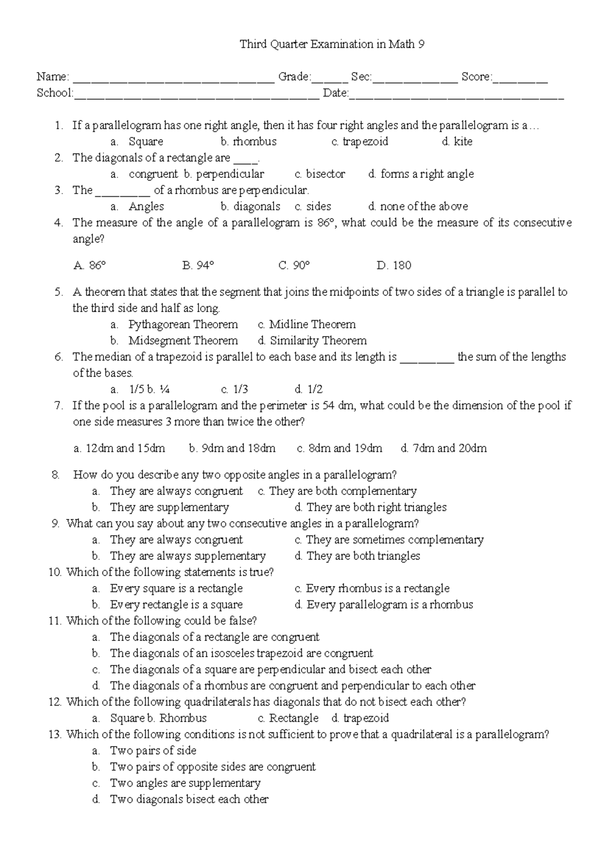 Math 9 Third Quarter Exam Review: Parallelograms and Quadrilaterals ...