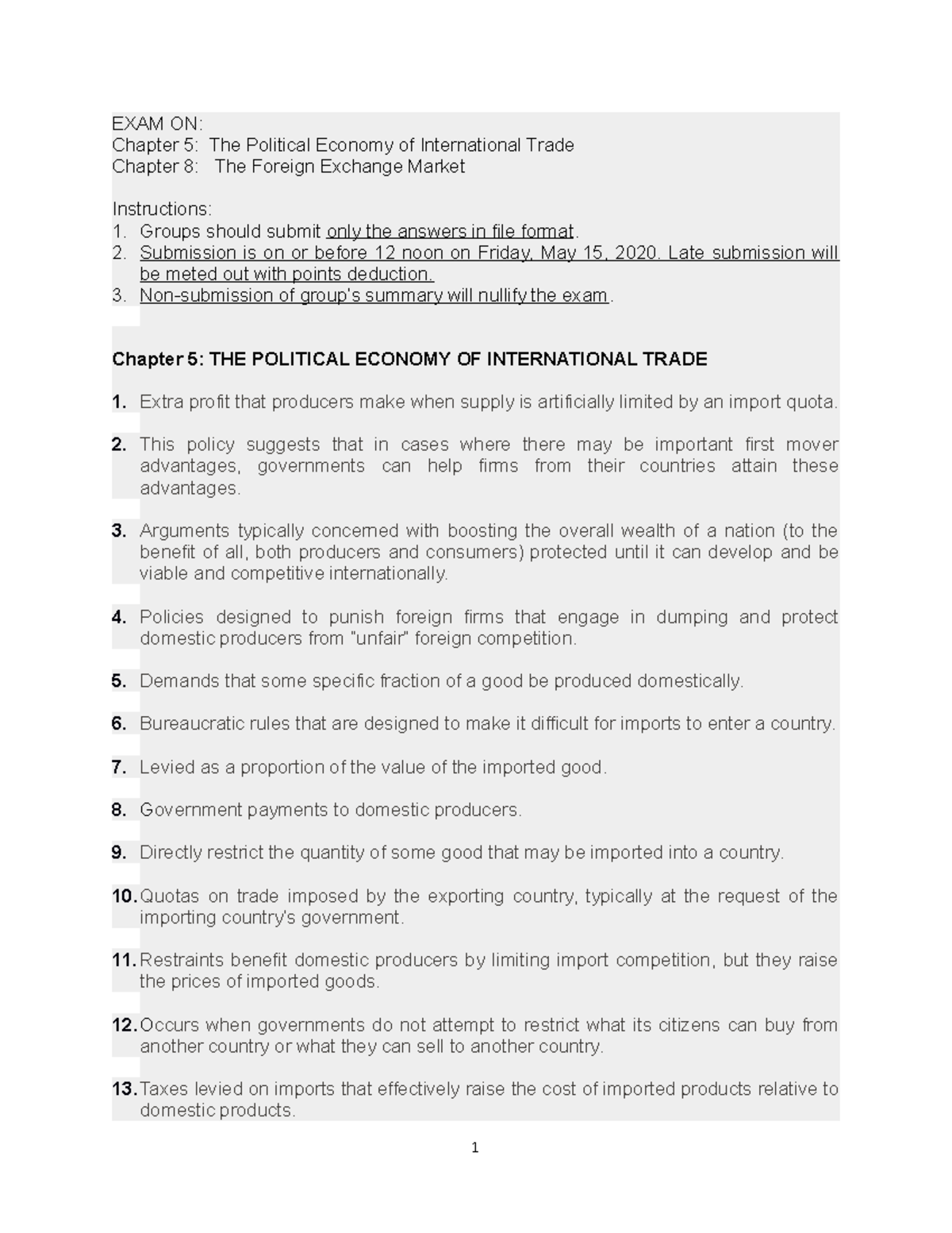 Intl Trade EXAM-Chapters-5-8Final - EXAM ON: Chapter 5: The Political ...