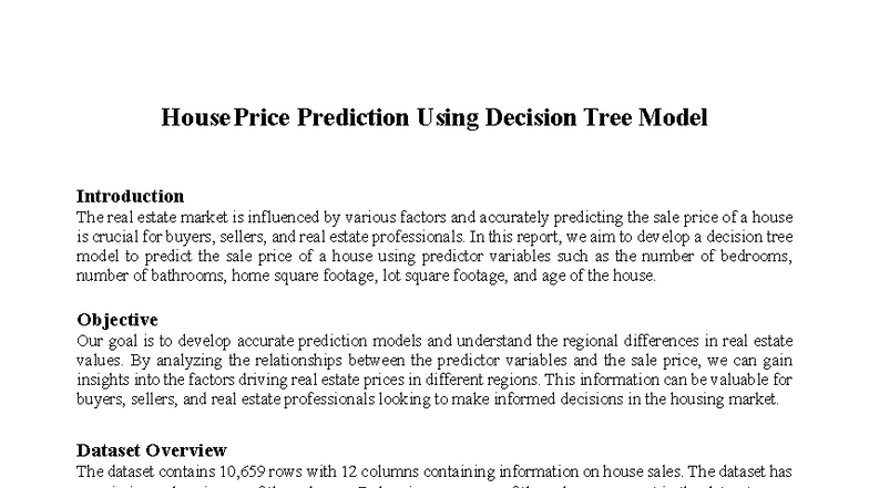 House Price Prediction Using Decision Tree Model Analysis - Studocu