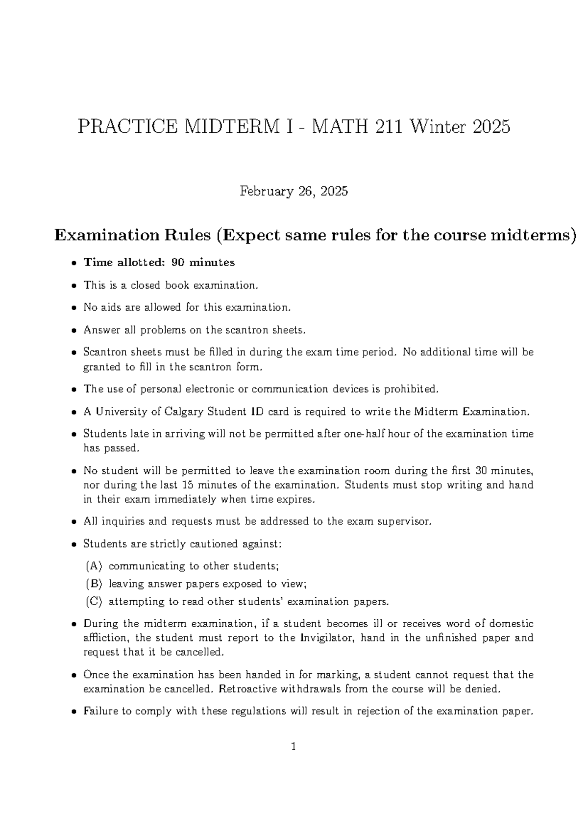 Practice Midterm I MATH 211 - Winter 2025 Exam Instructions - Studocu