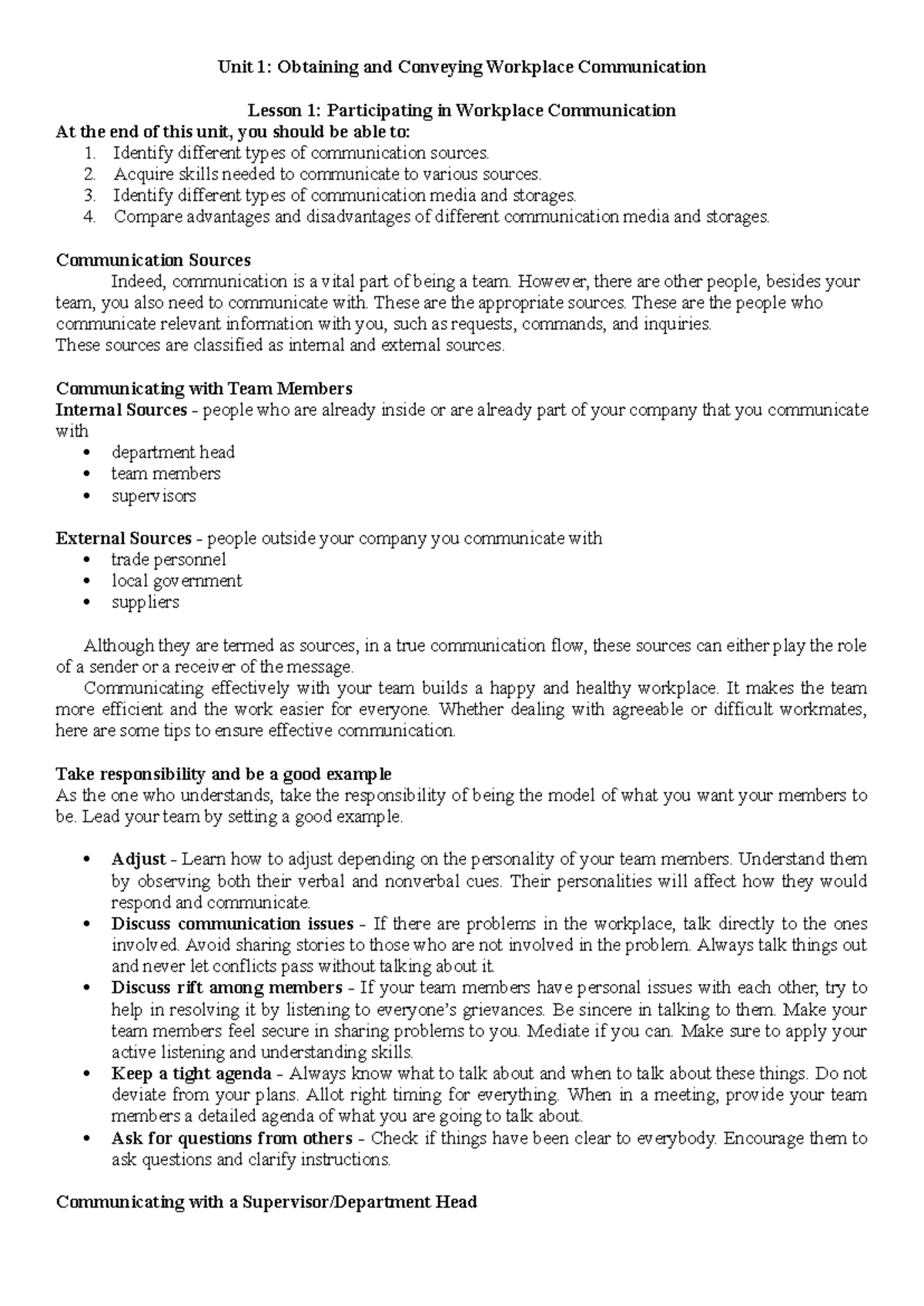 Workplace Communication Skills - Unit 1: Effective Participation ...