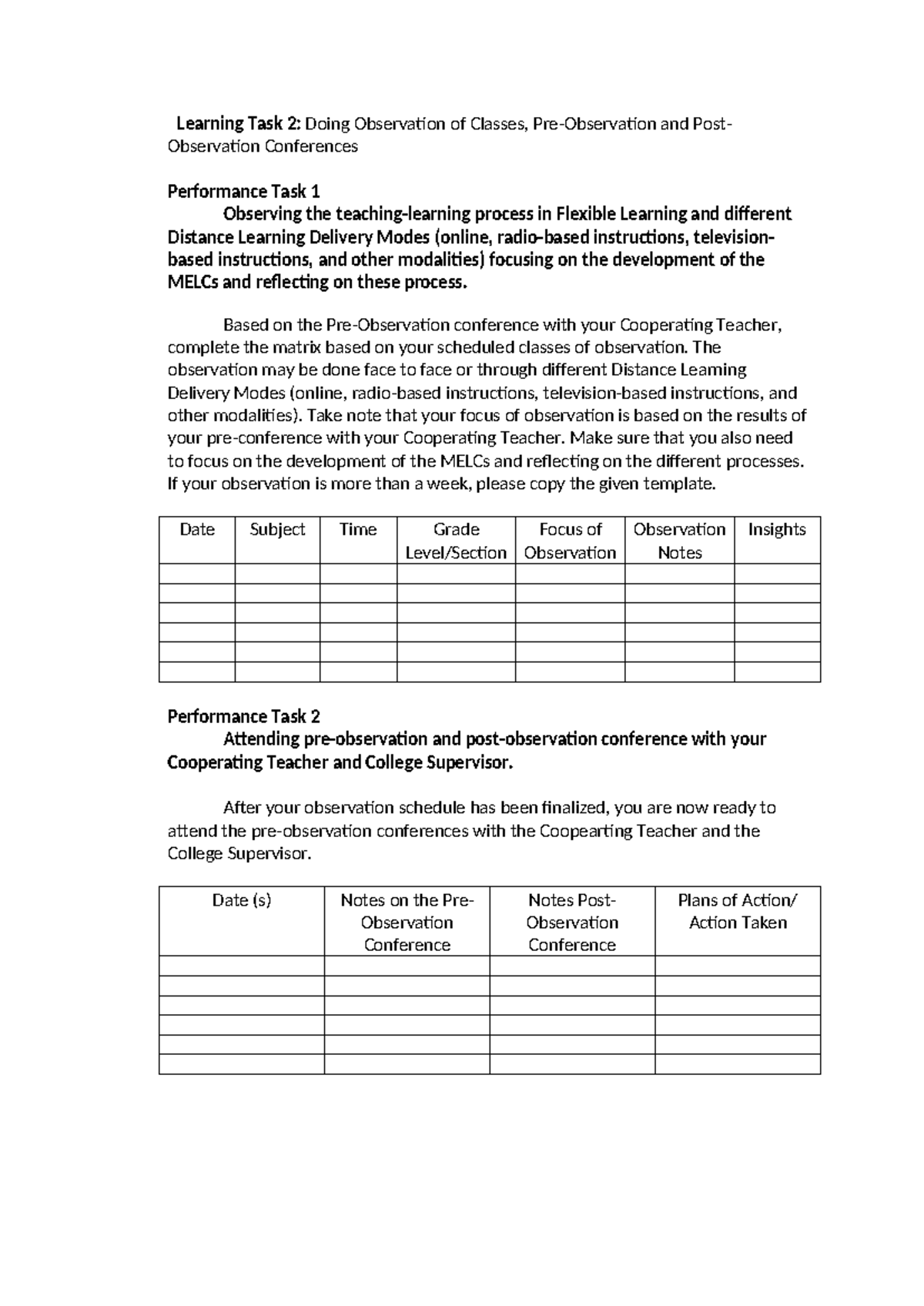 Teaching Internship Learning Tasks and Reflections Documentation - Studocu