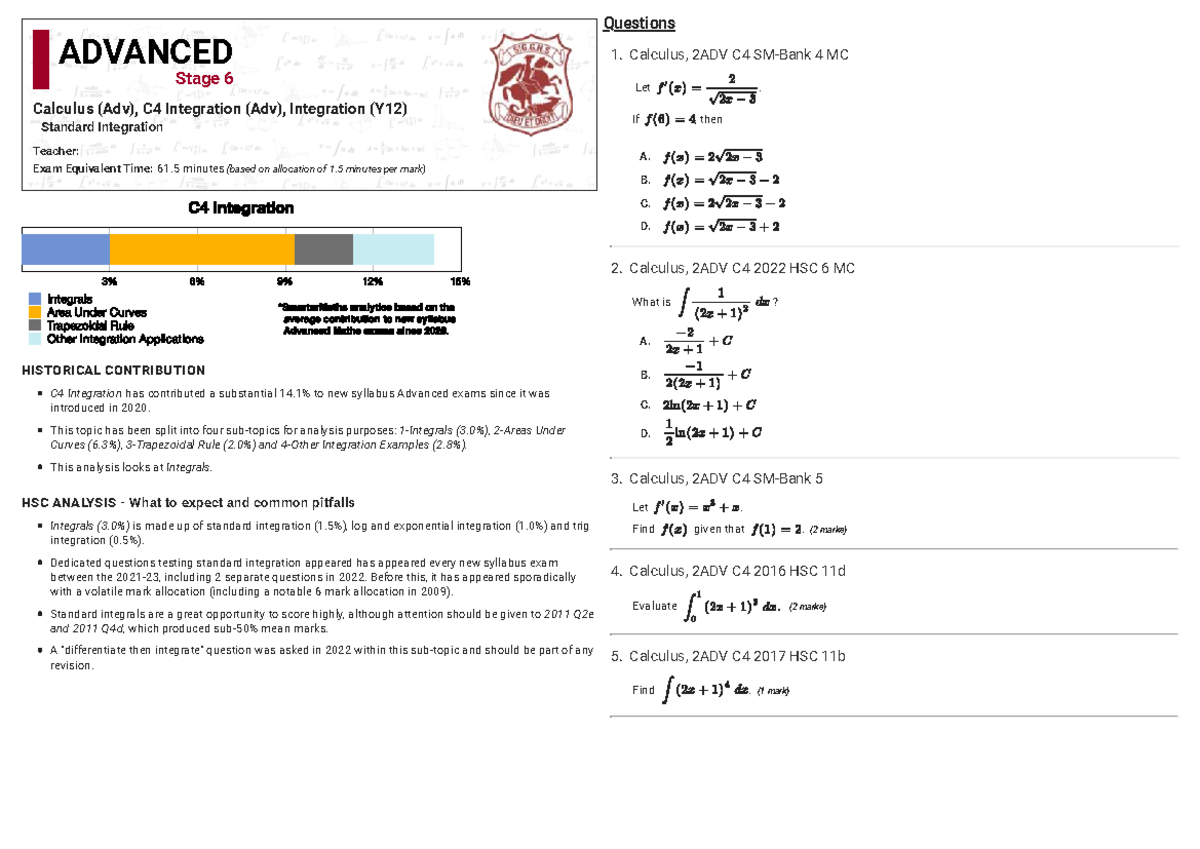 Standard Integration Notes for ADV Stage 6 Calculus (C4) - Studocu