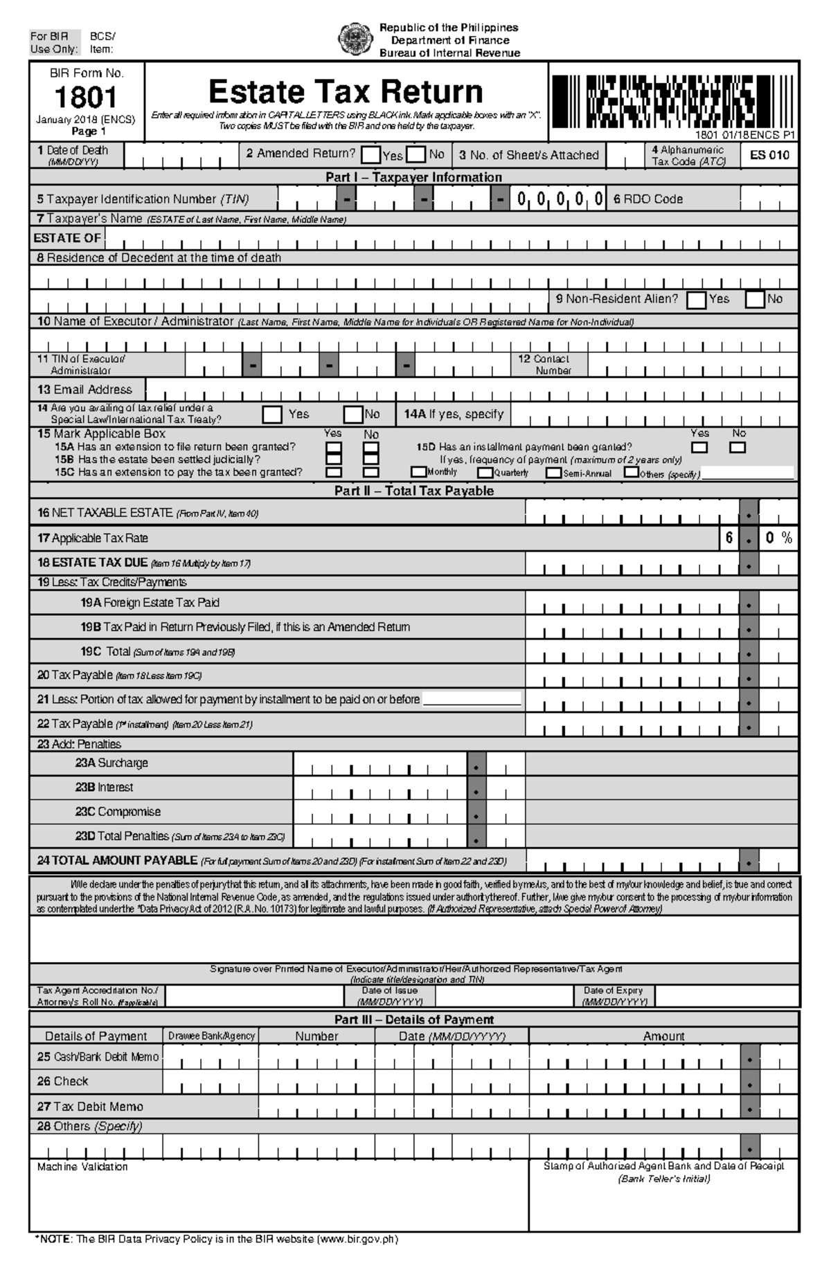 BIR-Form-Estate-Tax-Return (1801) - For BIR Use Only: BCS/ Item: BIR ...