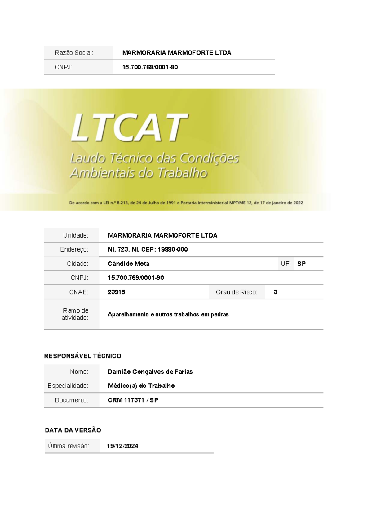 Laudo Técnico de Condições Ambientais de Trabalho - LTCAT MARMORARIA ...