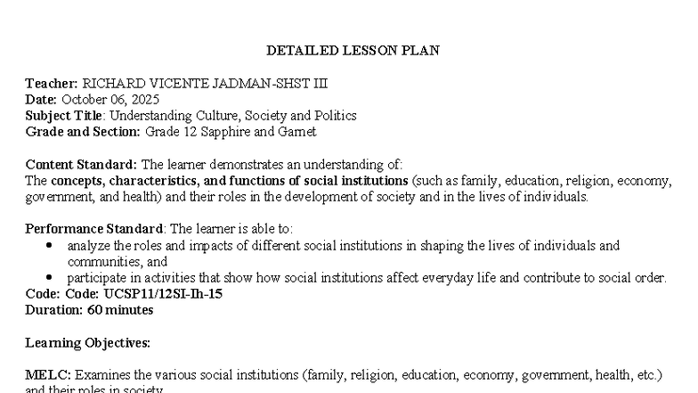 Detailed Lesson Plan for UCSP 12: Understanding Social Institutions ...