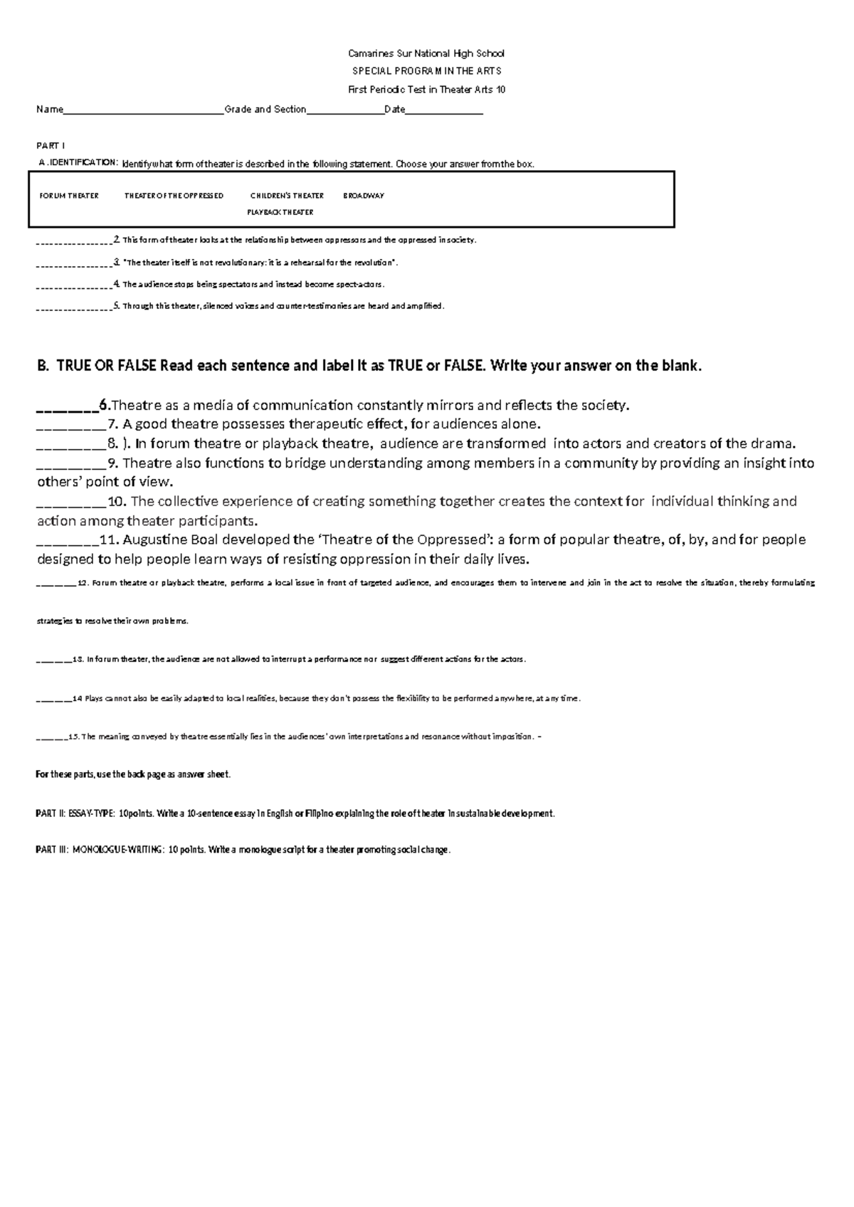 Theater 10Quarter 1PT - This is an assessment tool to measure students ...