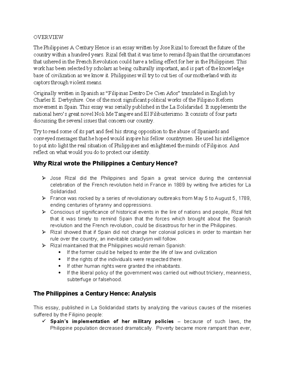 Rizal's Essay Analysis: The Philippines a Century Hence (HIST 101 ...
