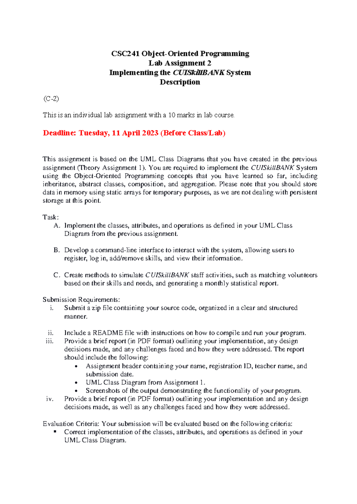 Lab Ass - Implementing the CUISkillBank system - CSC241 Object-Oriented Programming Lab ...
