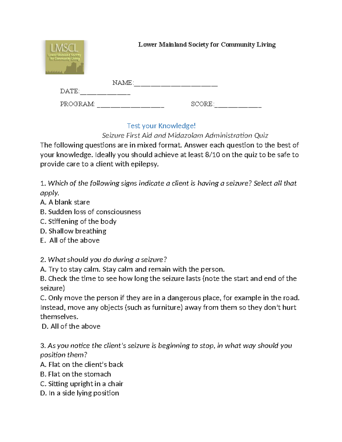 Seizure First Aid & Midazolam Admin Quiz - Test Your Knowledge! - Studocu