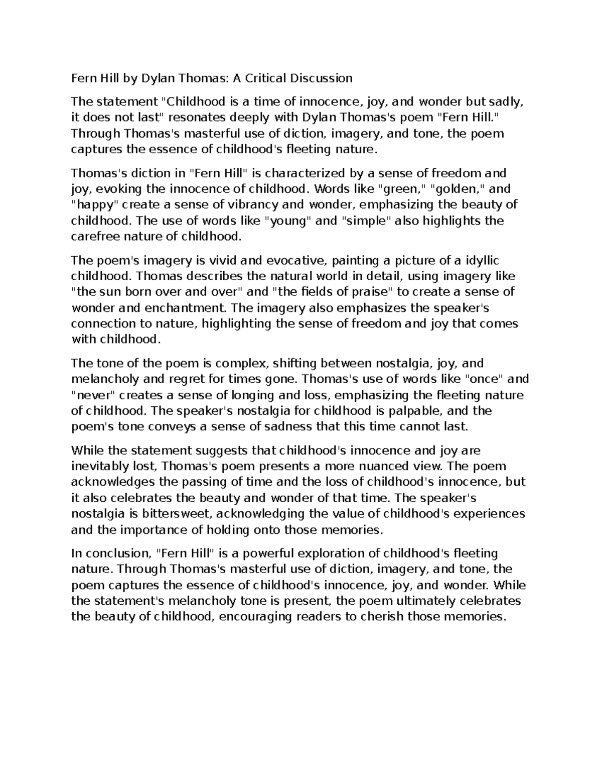 Poetry Essay Qs: Critical Analysis of Dylan Thomas' "Fern Hill" - Studocu