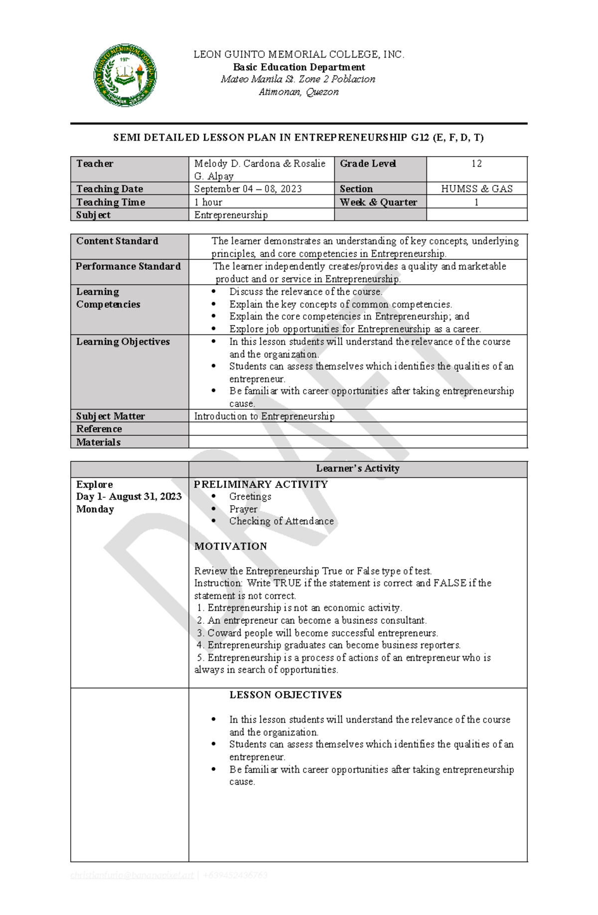 Semi-Detailed Lesson Plan in Entrepreneurship G12 (ABM) - Week 1 - Studocu