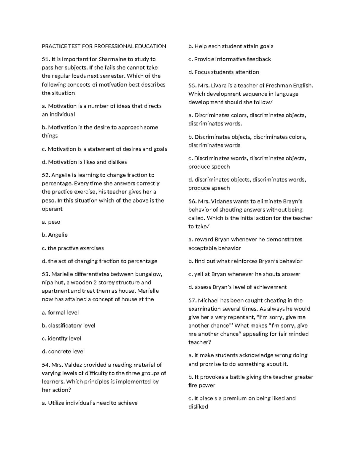 PRACTICE TEST FOR PROFESSIONAL EDUCATION (10Profed) - Studocu