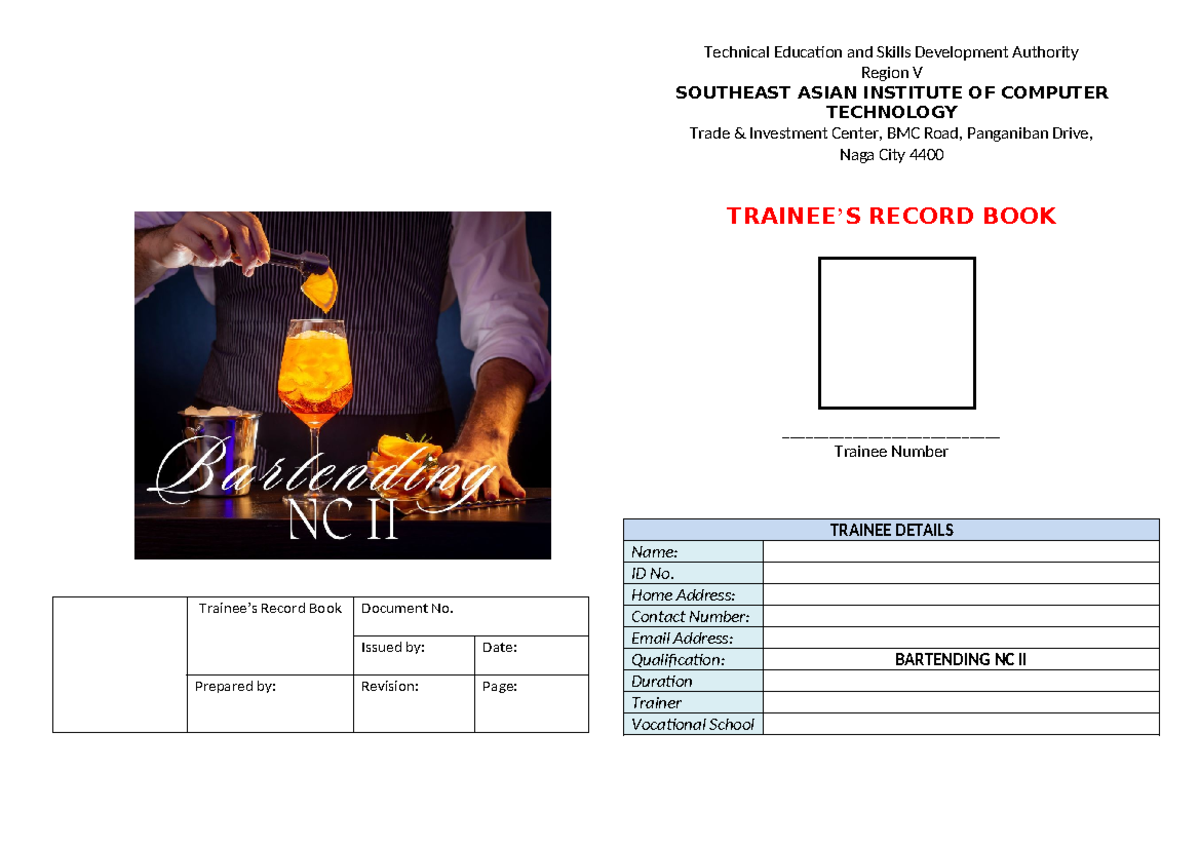 Trainees Record Book for Bartending NC II Program - Studocu
