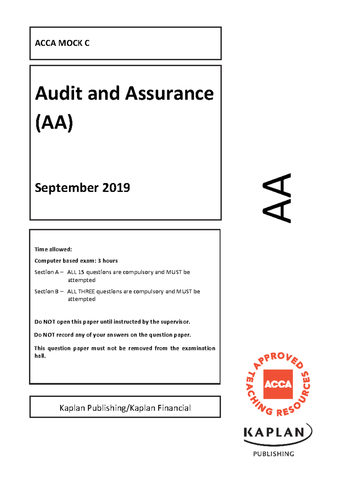 AA Mock C - Questions S19 - ACCA MOCK C Audit and Assurance (AA ...