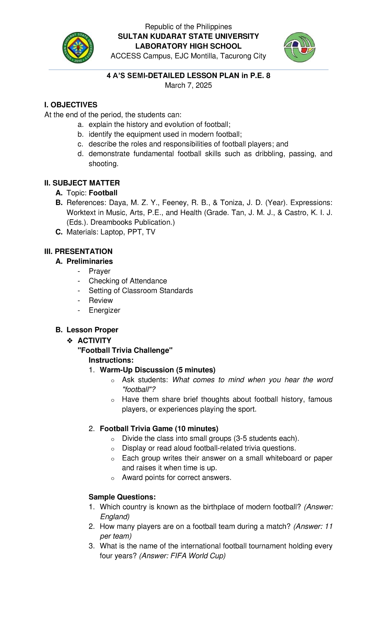 P.E. 8 Lesson Plan: Understanding Football Skills & History - Studocu